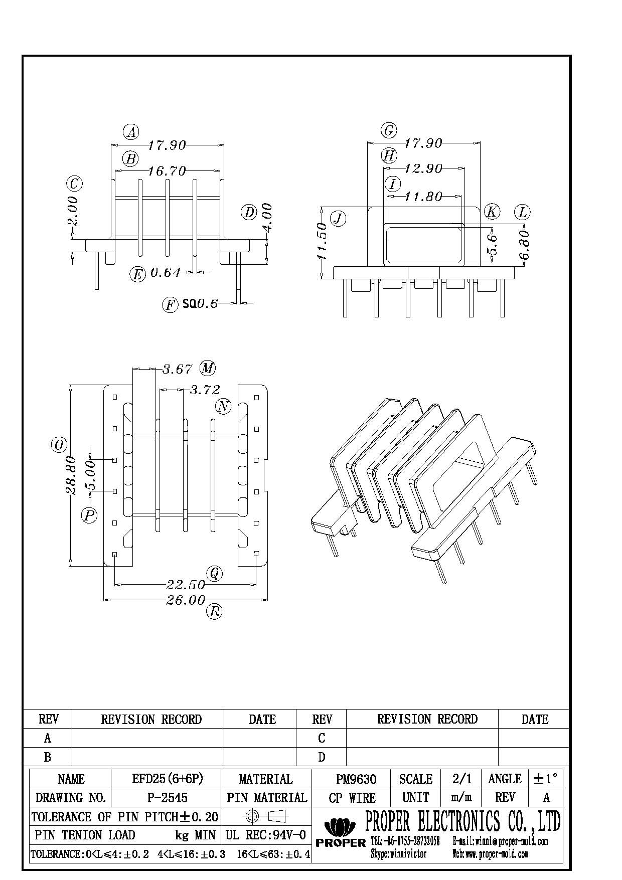 P-2545(EFD25 6+6 -H 4SEC) - Transformer Bobbin,Clamp,Coil Frame ...