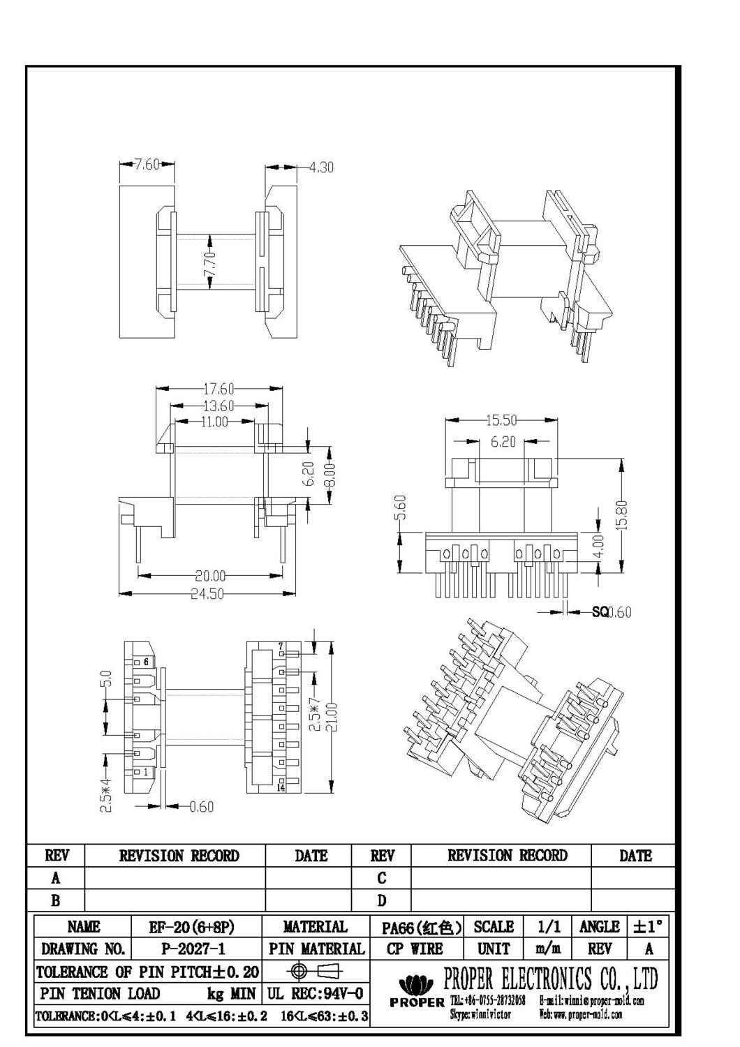 P-2027(EF20 6+8P-H) - Transformer Bobbin,Clamp,Coil Frame,Hardware SMD ...