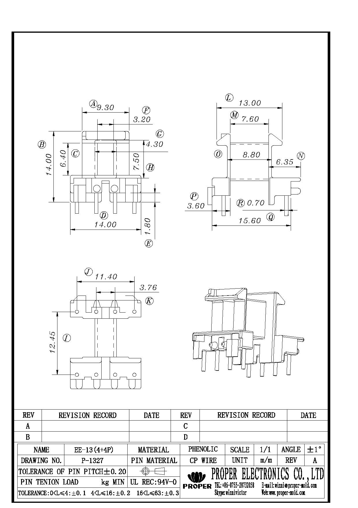 P-1327(EE13 4+4P-V) - Transformer Bobbin,Clamp,Coil Frame,Hardware SMD ...