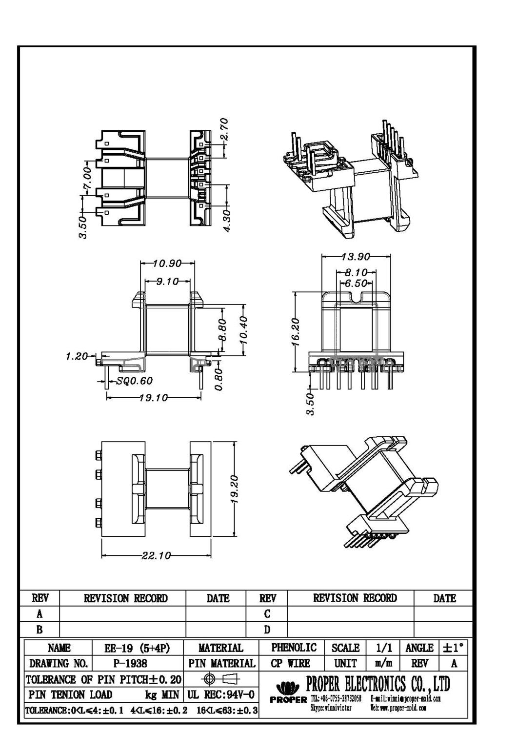 P-1938 EE-19 (5+4P) - Transformer Bobbin,Clamp,Coil Frame,Hardware SMD ...