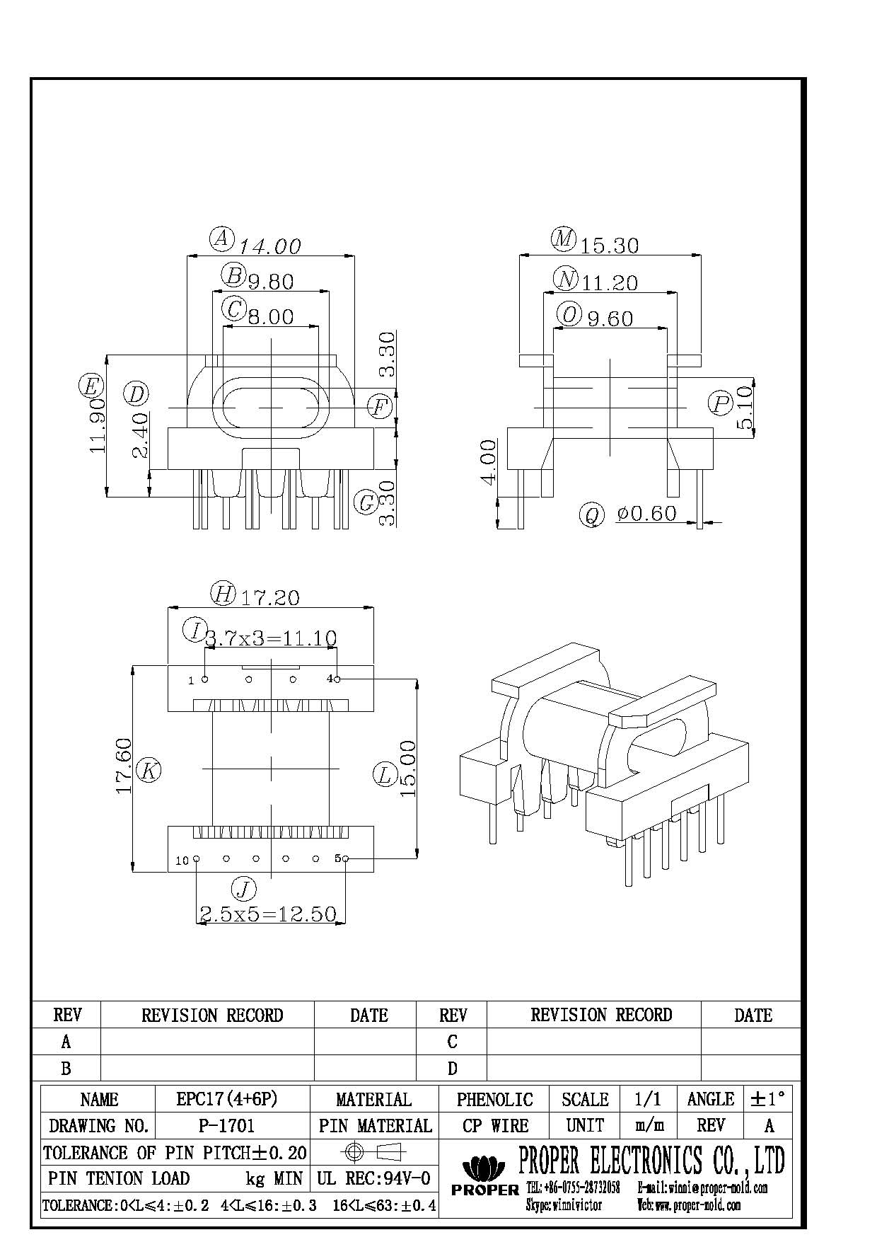 P-1701(EPC17 4+6P-H) - Transformer Bobbin,Clamp,Coil Frame,Hardware SMD - Transformer Bobbin ...