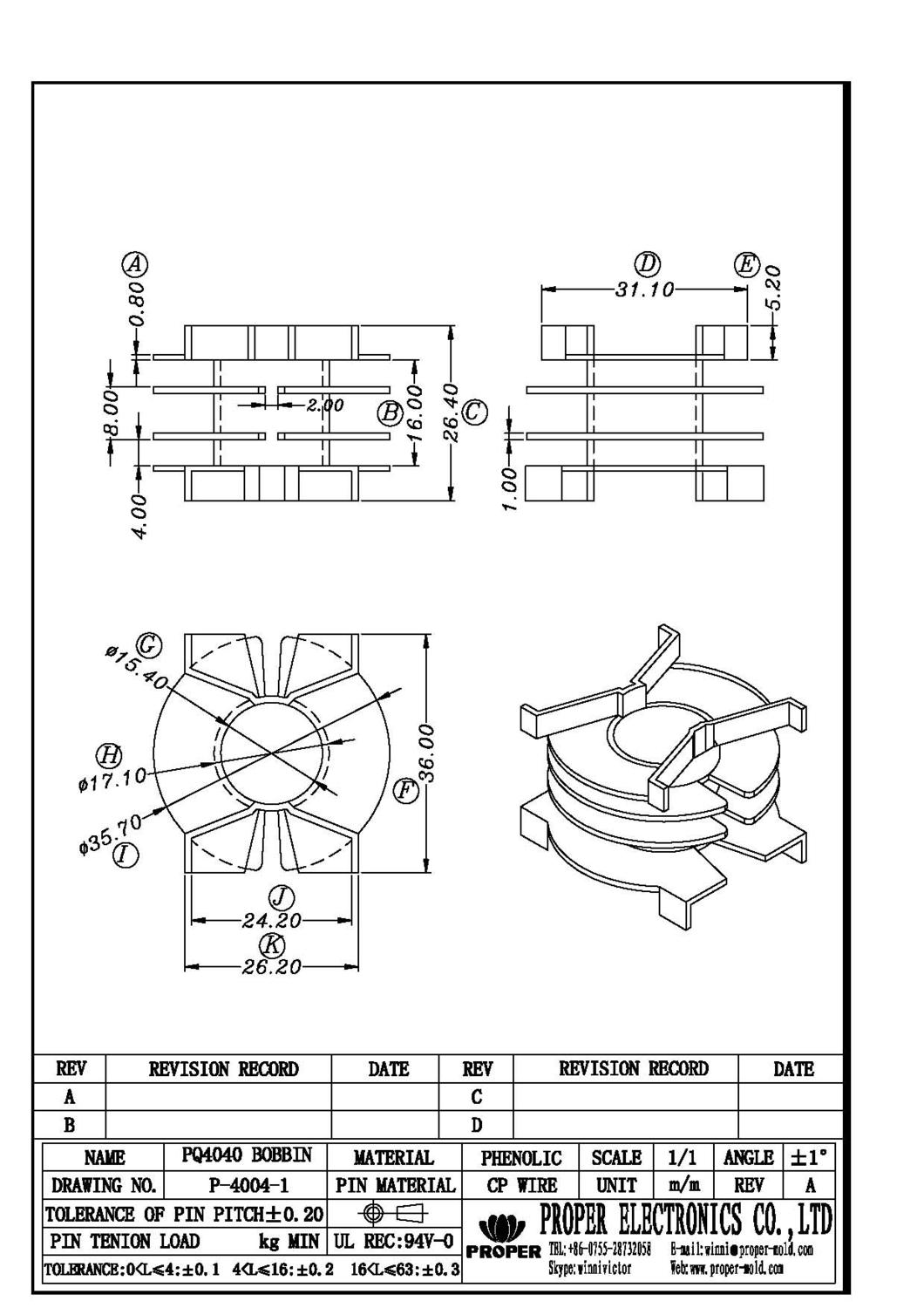 P-4004(PQ4040 BOBBIN-Without pin) - Transformer Bobbin,Clamp,Coil Frame ...