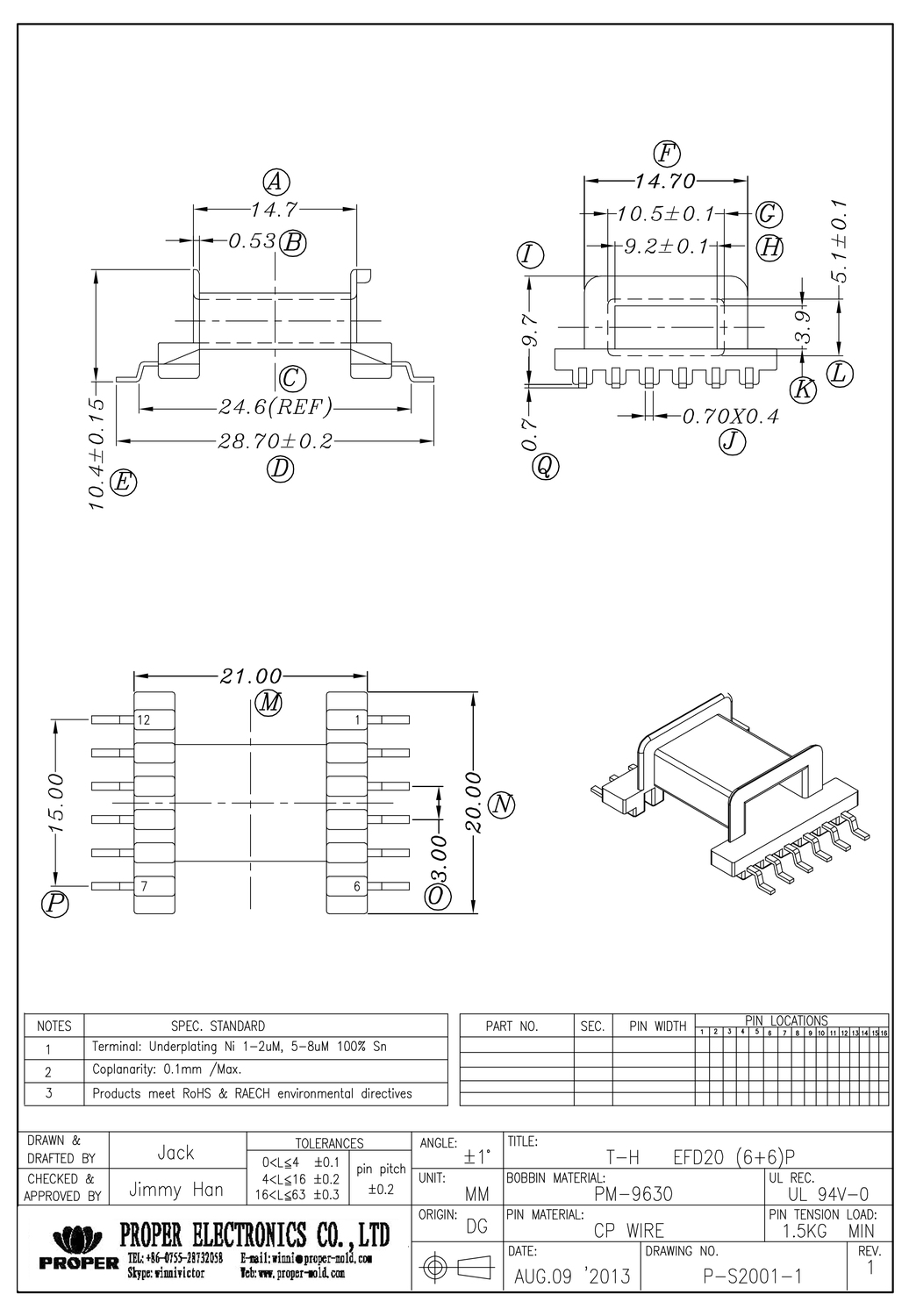 P-S2001/-1 EFD20 6+6P - Transformer Bobbin,Clamp,Coil Frame,Hardware ...