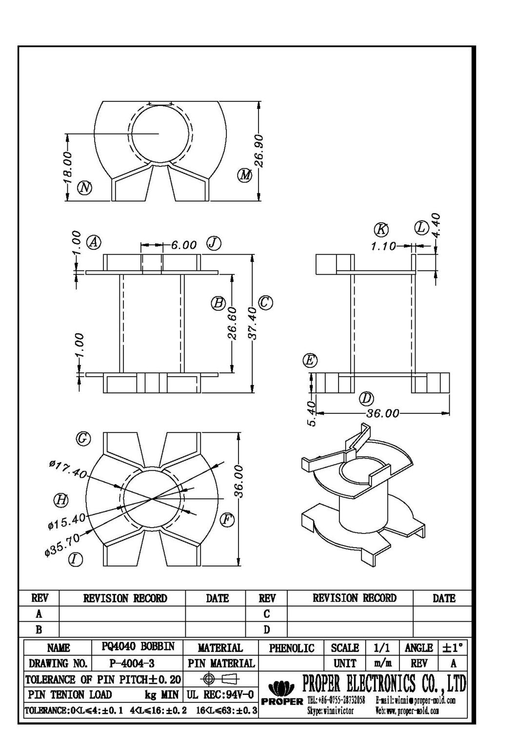 P-4004(PQ4040 BOBBIN-Without pin) - Transformer Bobbin,Clamp,Coil Frame ...