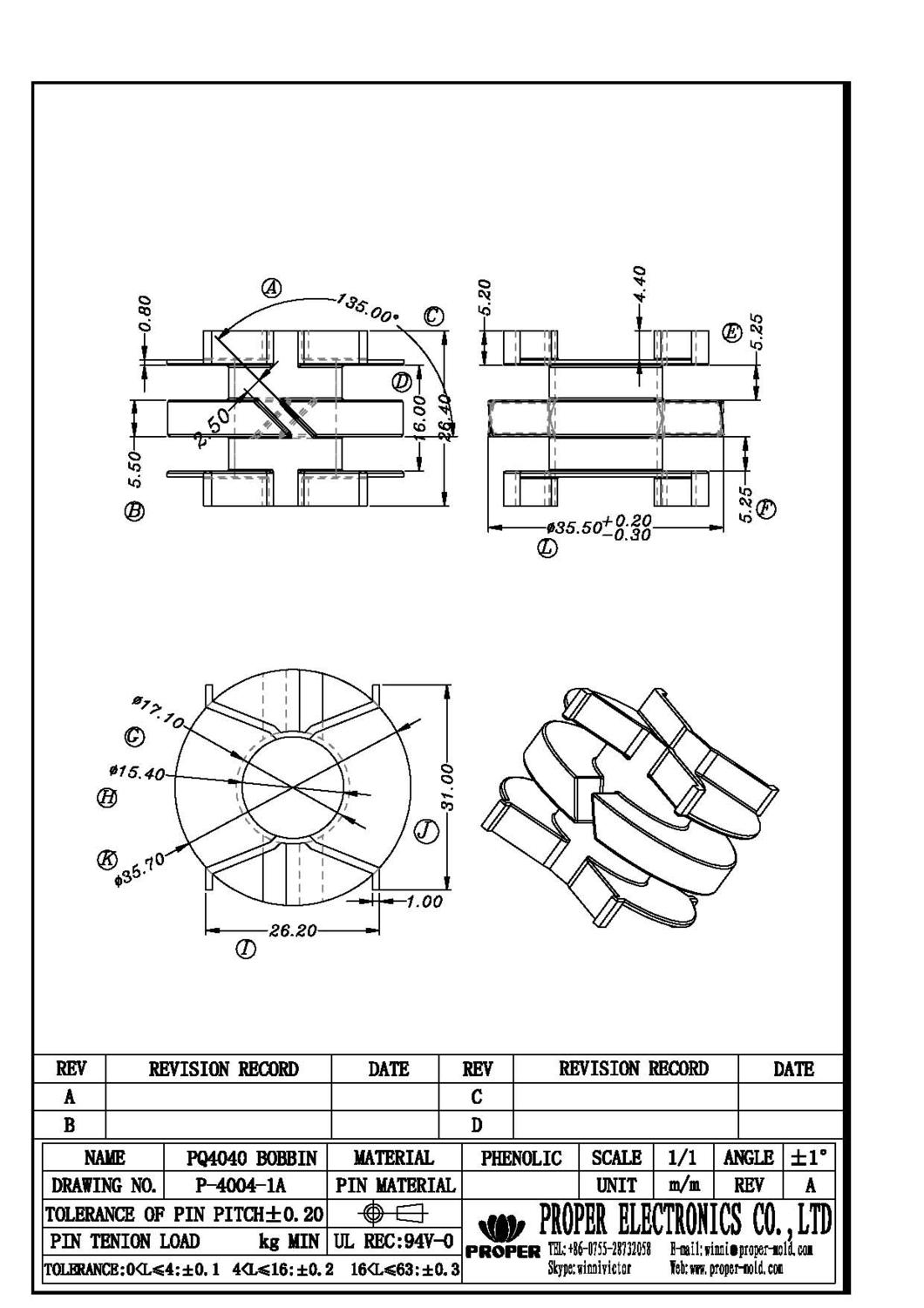 P-4004(PQ4040 BOBBIN-Without pin) - Transformer Bobbin,Clamp,Coil Frame ...