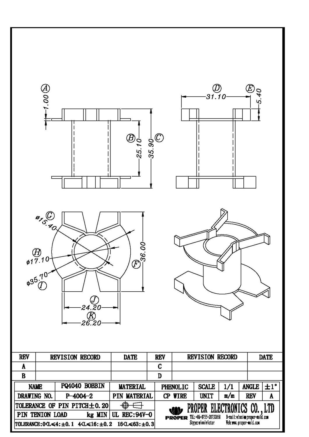 P-4004(PQ4040 BOBBIN-Without pin) - Transformer Bobbin,Clamp,Coil Frame ...