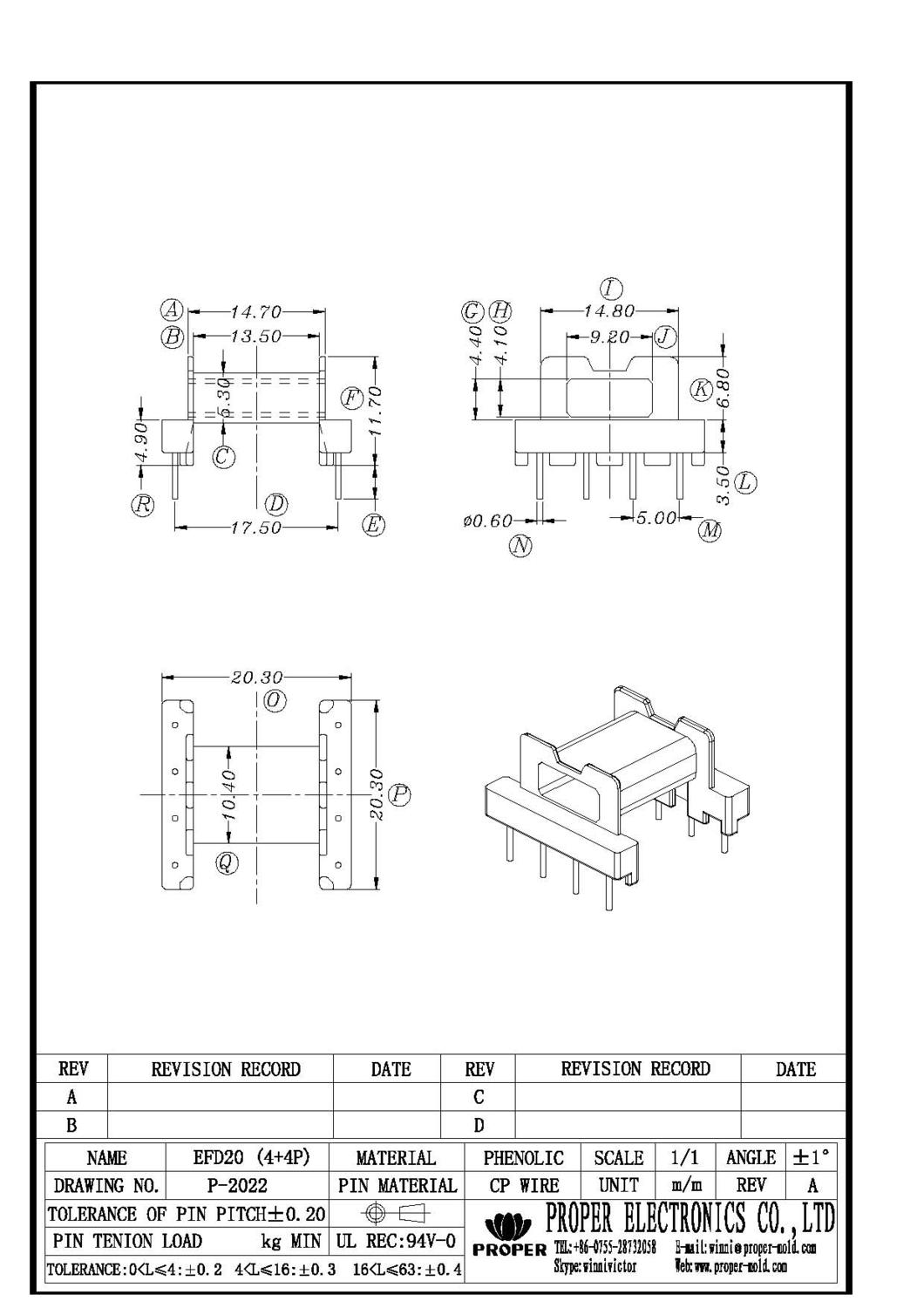 P-2022(EFD20 4+4P H) - Transformer Bobbin,Clamp,Coil Frame,Hardware SMD - Transformer Bobbin ...