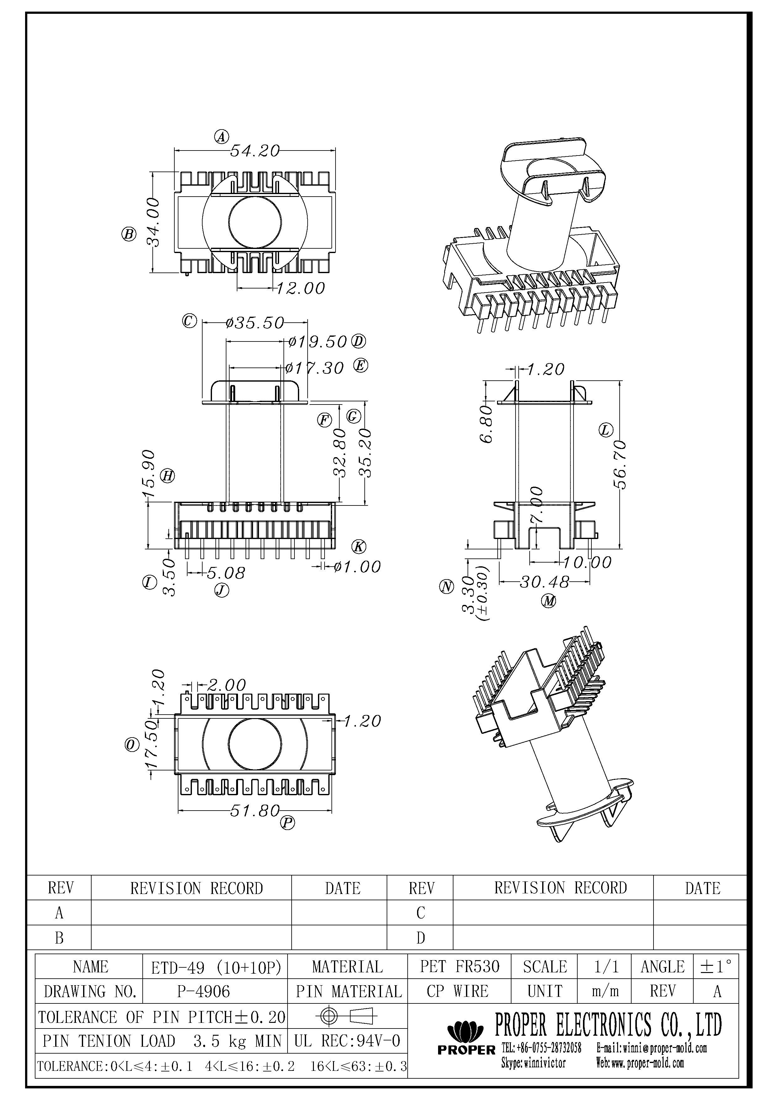 P-4906 ETD-49 (10+10P) - Transformer Bobbin,Clamp,Coil Frame,Hardware ...
