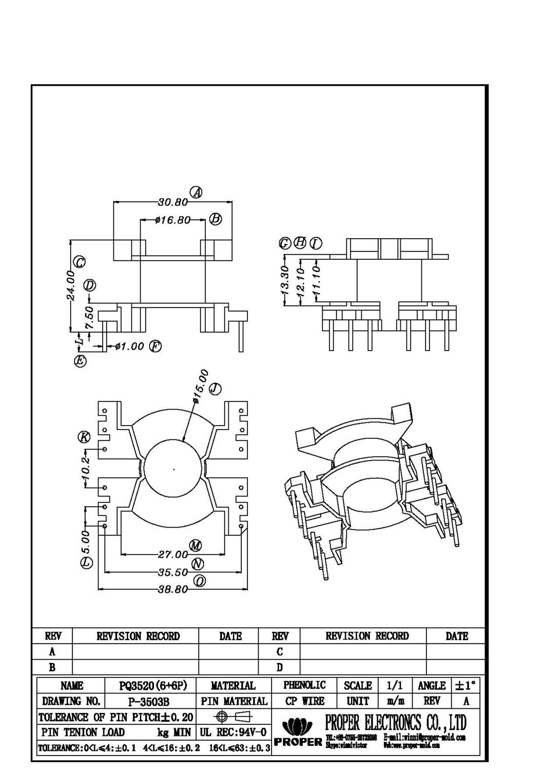 P-3503(PQ3535 6+6P-V) - Transformer Bobbin,Clamp,Coil Frame,Hardware SMD - Transformer Bobbin ...