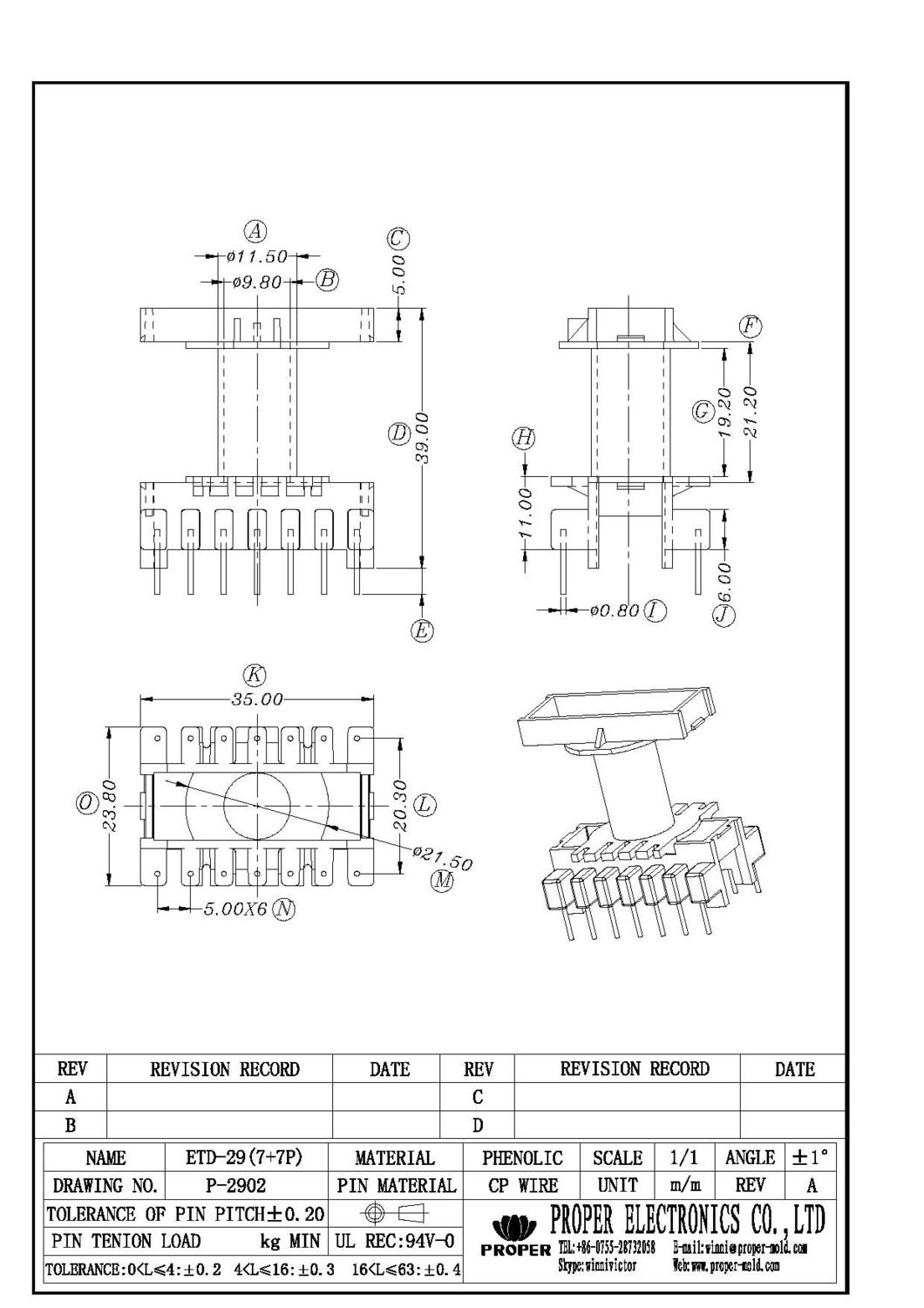 P-2902(ETD29 7+7P-V) - Transformer Bobbin,Clamp,Coil Frame,Hardware SMD