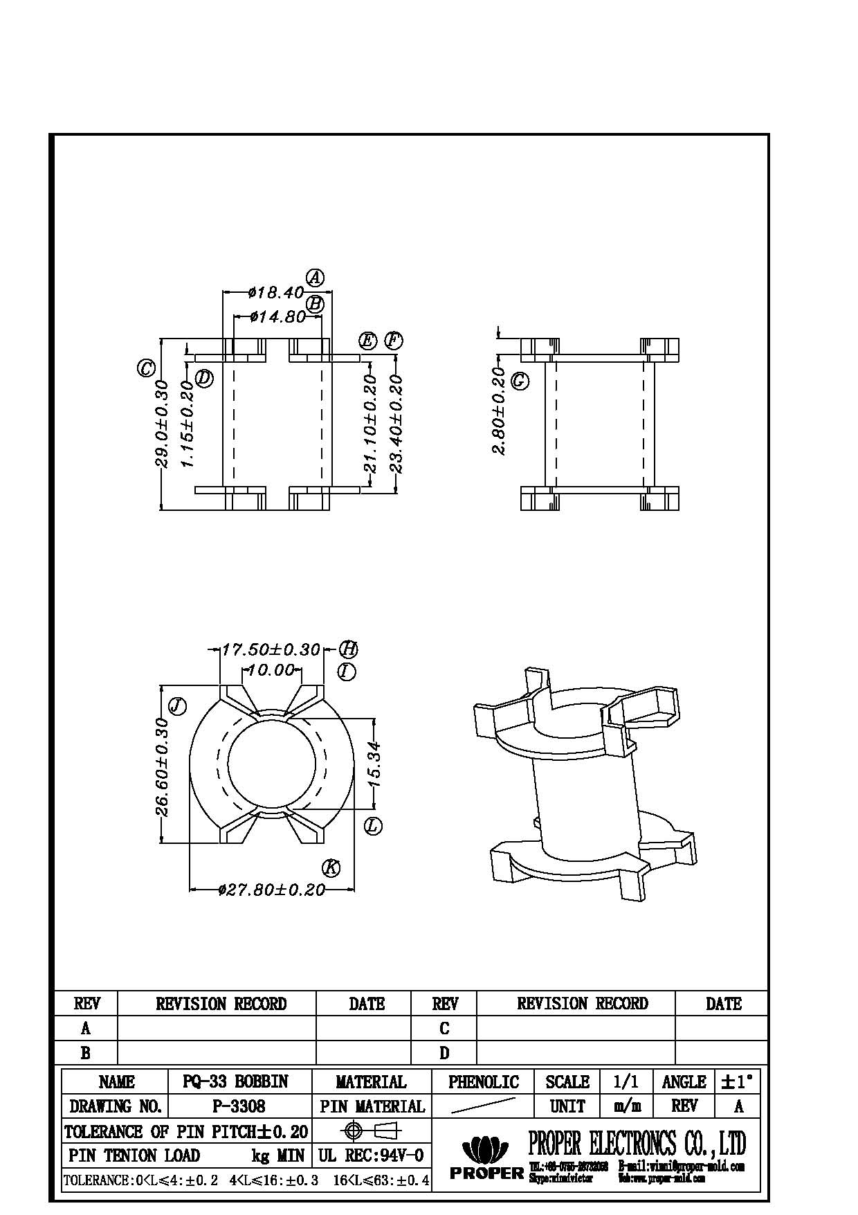P-3308(PQ33 BOBBIN without pin) - Transformer Bobbin,Clamp,Coil Frame ...