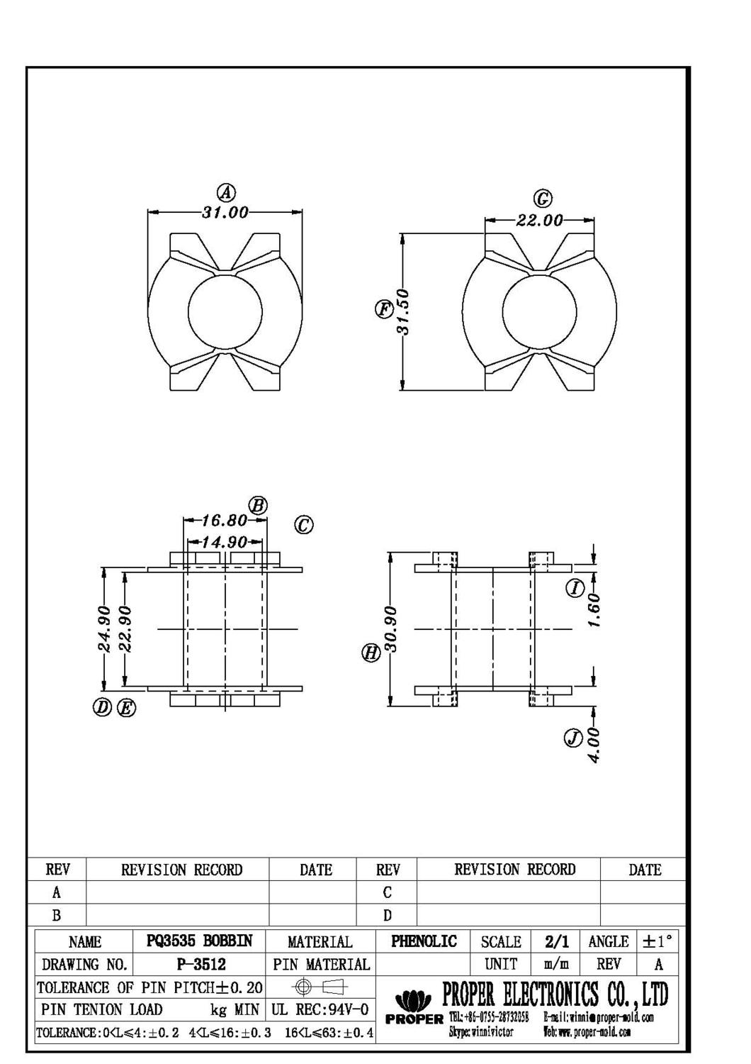 P-3512(PQ3535 BOBBIN NO PIN) - Transformer Bobbin,Clamp,Coil Frame,Hardware SMD - Transformer ...