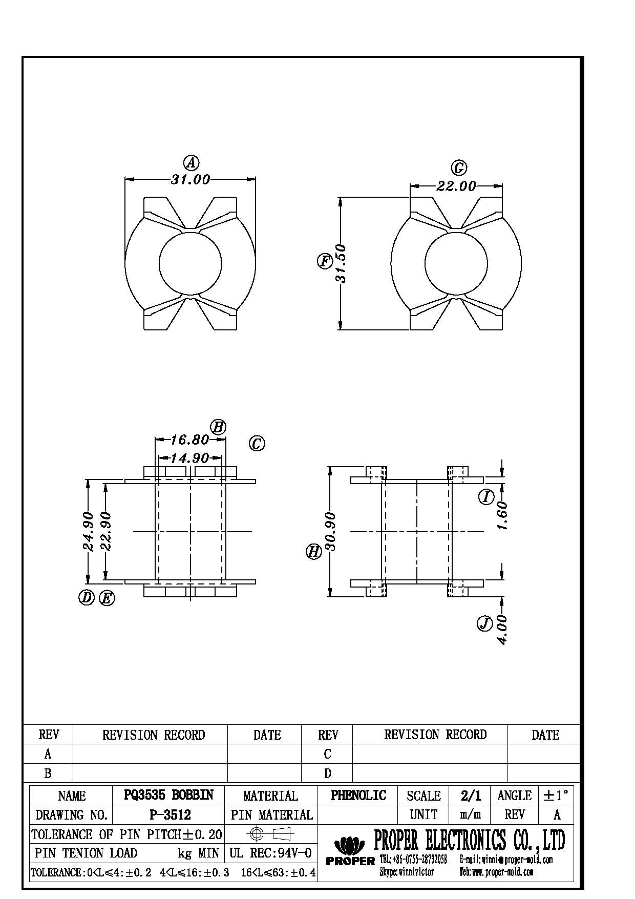 P-3512(PQ3535 BOBBIN NO PIN) - Transformer Bobbin,Clamp,Coil Frame,Hardware SMD - Transformer ...