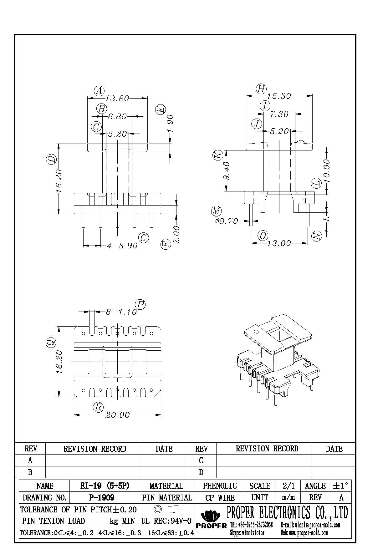 P-1909(EI19 5+5P-V) - Transformer Bobbin,Clamp,Coil Frame,Hardware SMD ...