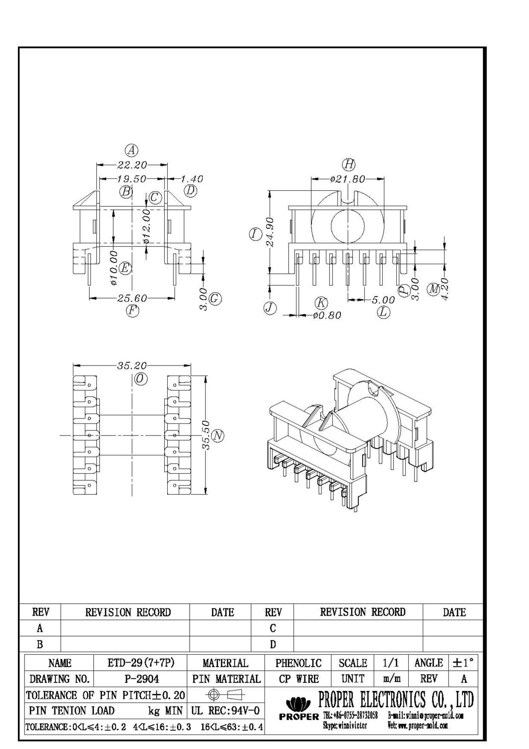 P-2904(ETD29 7+7P-H) - Transformer Bobbin,Clamp,Coil Frame,Hardware SMD - Transformer Bobbin ...