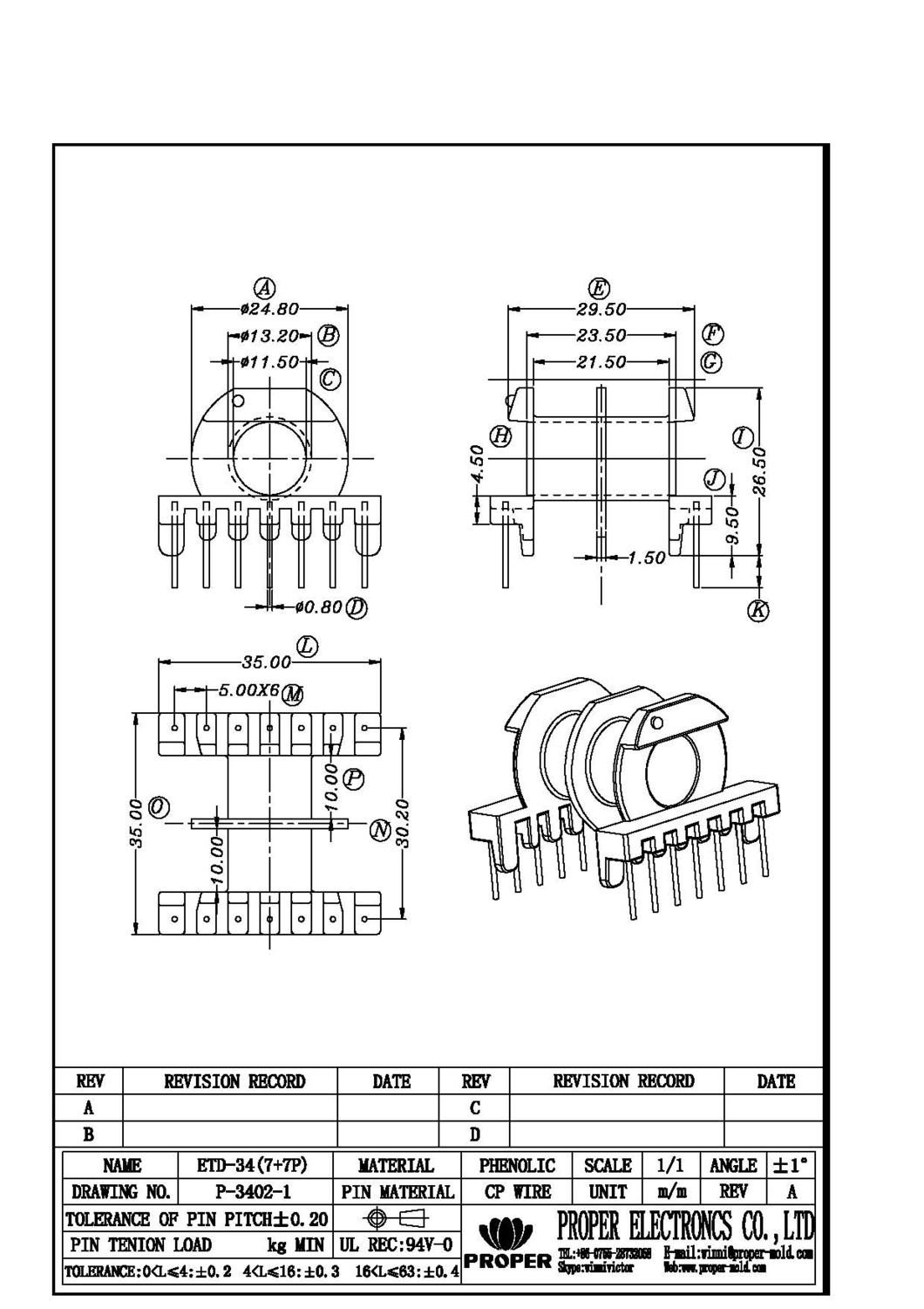 P-3402(ETD34 7+7P-H) - Transformer Bobbin,Clamp,Coil Frame,Hardware SMD ...